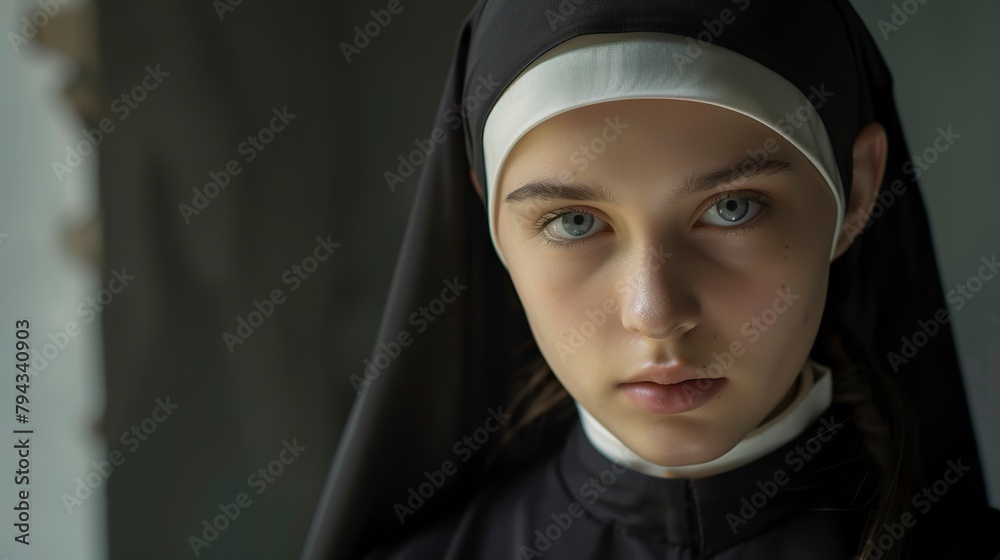Portrait of a young nun wearing a nun's habit with black veil. Young ...