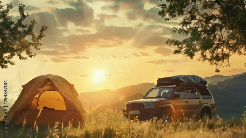 Camping in a national park with a sunset backdrop, surrounded by ...