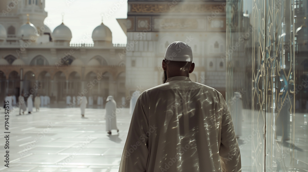 A reflective shot captures the back view of a Muslim man on his ...