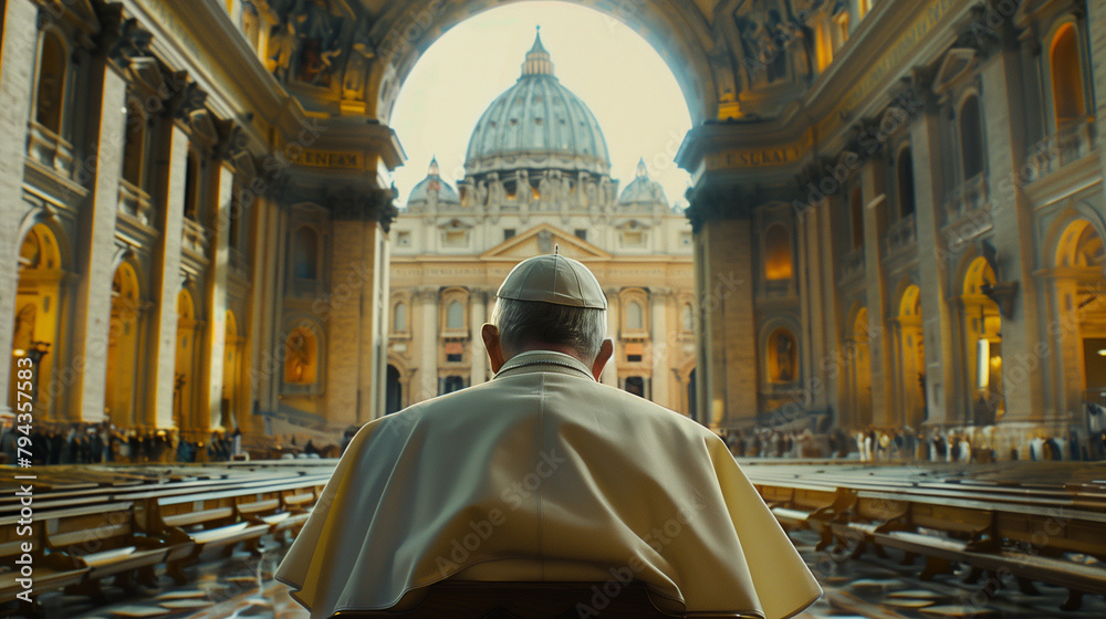 From a high vantage point, the camera observes the Pope in ...