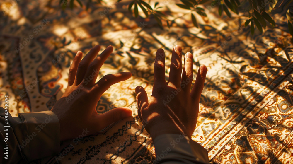 Close-up of a Muslim man's hands and forehead touching the prayer mat ...
