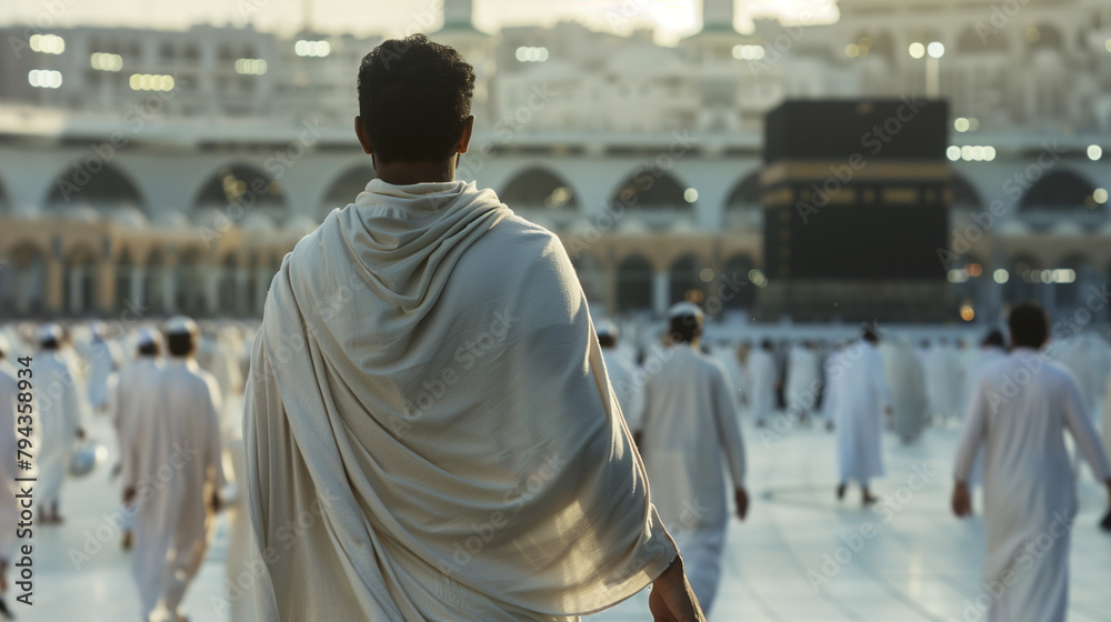 Close-up shot of a Muslim man's back adorned with the Ihram (pilgrimage ...