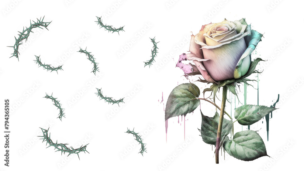 Fading pink rose isolated on transparent background, with short thorny ...