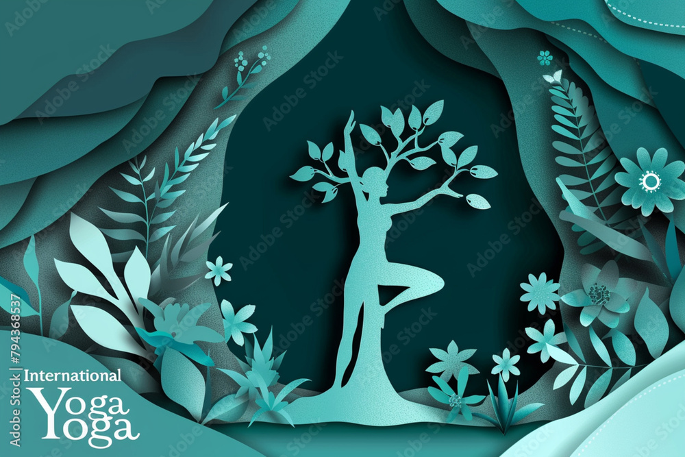 Woman or man body silhouette doing yoga tree pose. 3D papercut style ...