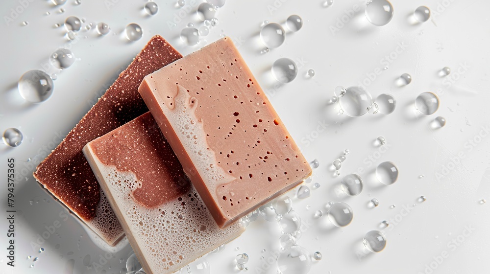 Soap bars of different textures and colors with soap bubbles on a white ...