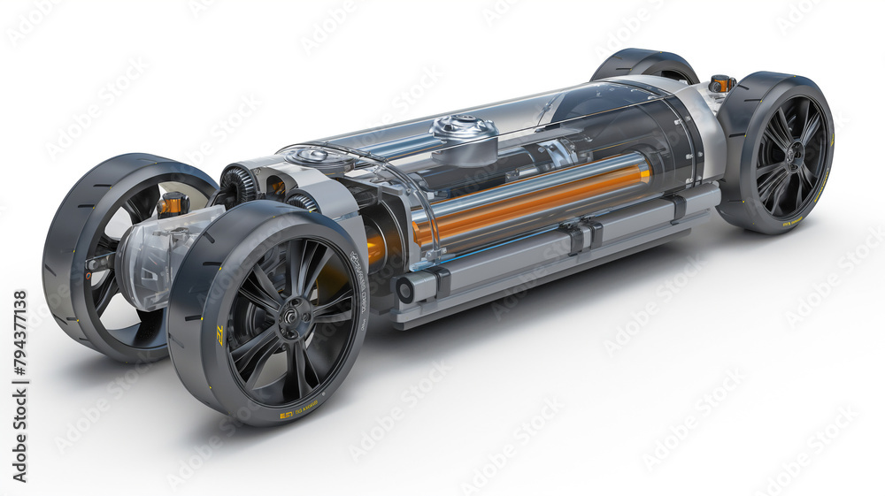 Conceptual electric vehicle chassis with transparent outer showing the ...