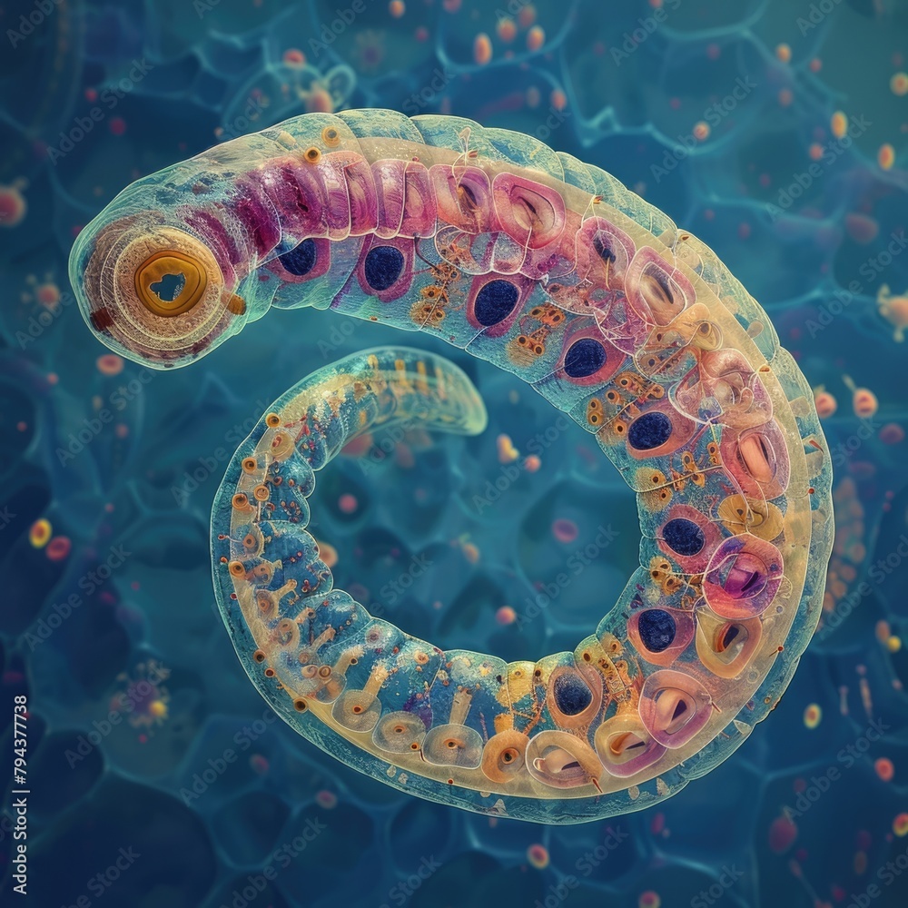 Microscopic Anatomy of a Parasitic Nematode Worm in Muted Color Palette with Technical Precision ...