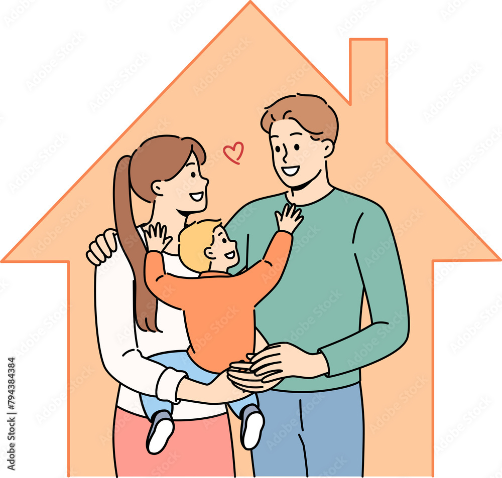Family with baby is standing inside house after purchasing own home ...
