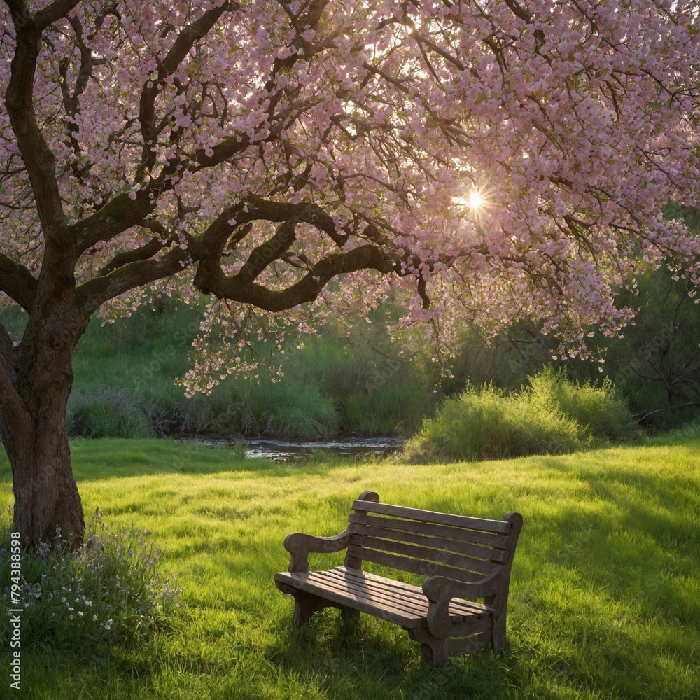 Sunlight filters through blossoms of mature cherry tree, casting ...