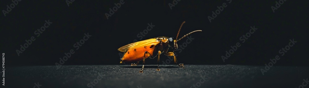 A close up photograph of a beetle on a reflective surface taken at a 45 ...