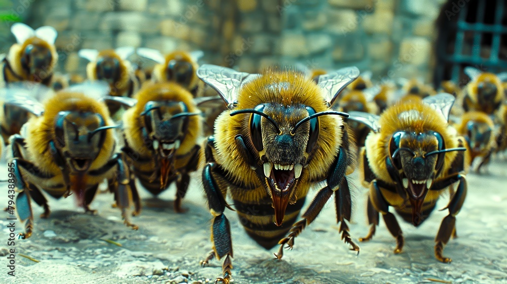 Killer bees with bared teeth, A group of bees with detailed furry ...