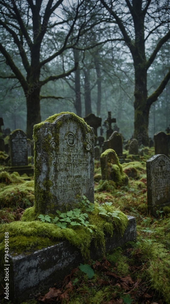 Misty atmosphere pervades old, eerie graveyard, where tombstones, aged ...