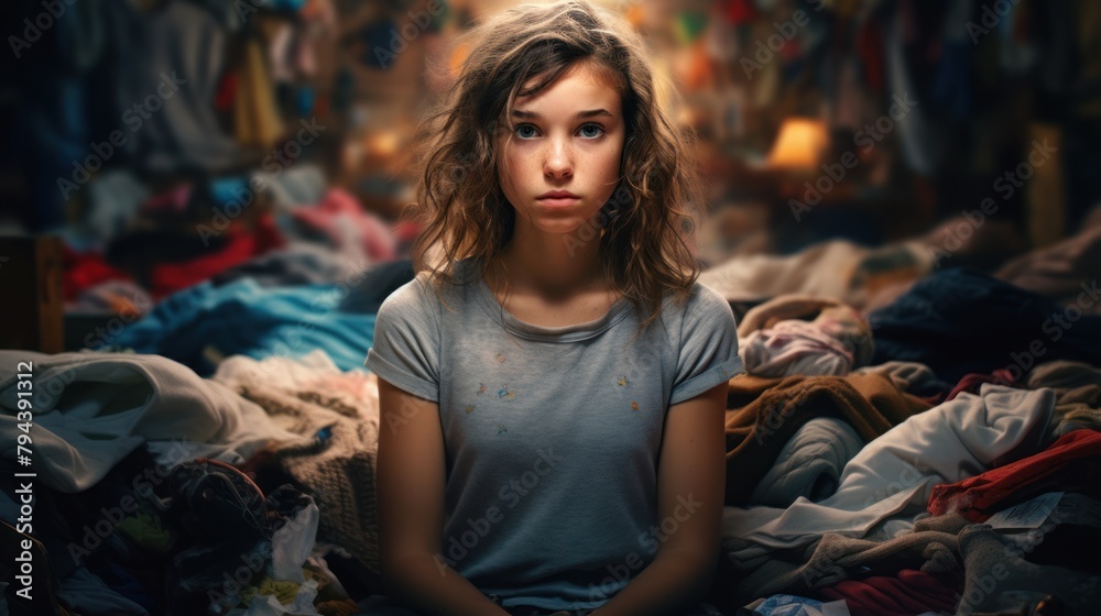 . A girl sits in a disorganized environment with a thoughtful ...