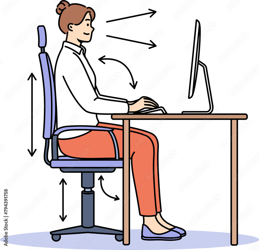 Woman demonstrates correct posture for working with computer, sitting ...