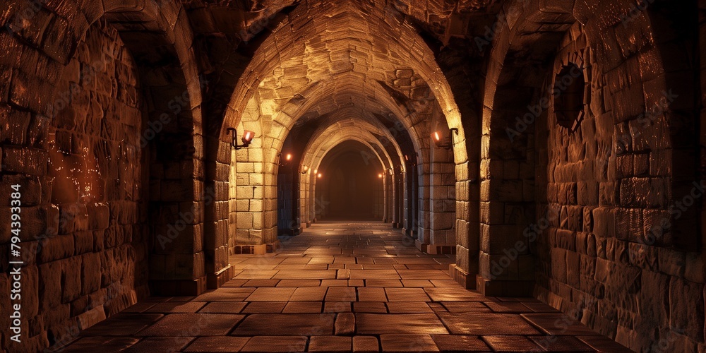 Dark dungeon illustration backgrounds, scary endless medieval catacombs ...