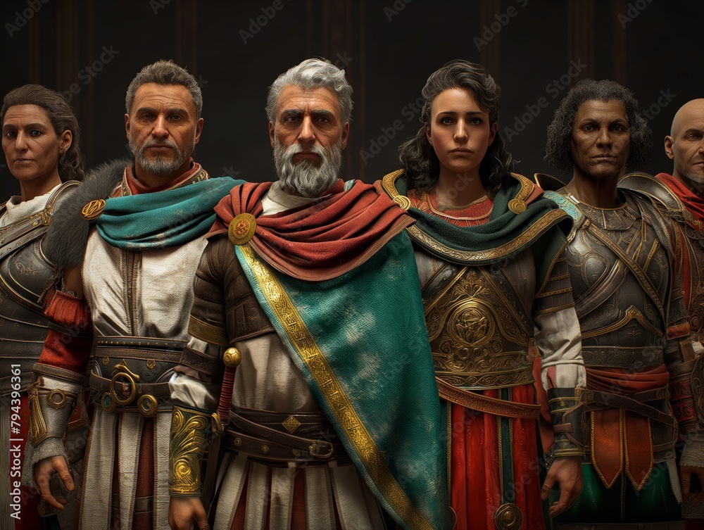 A group of people dressed in ancient Roman garb stand together. The man ...