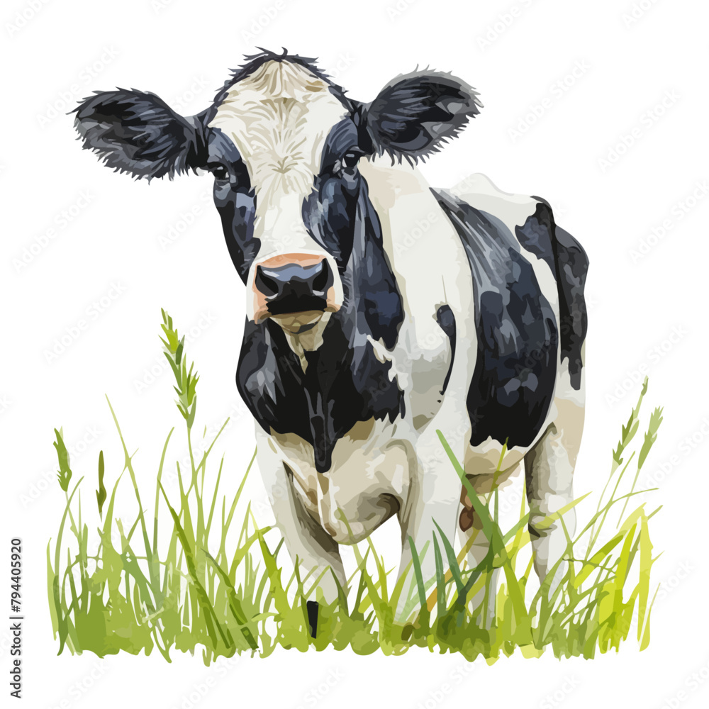 Watercolor Vector painting of a cow in grass, isolated on a white ...