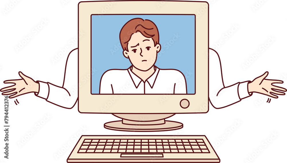 Old computer with disappointed man on screen, as metaphor for PC ...