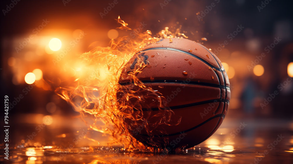 Basketball ball in flight, captured just before it hits the hoop ...