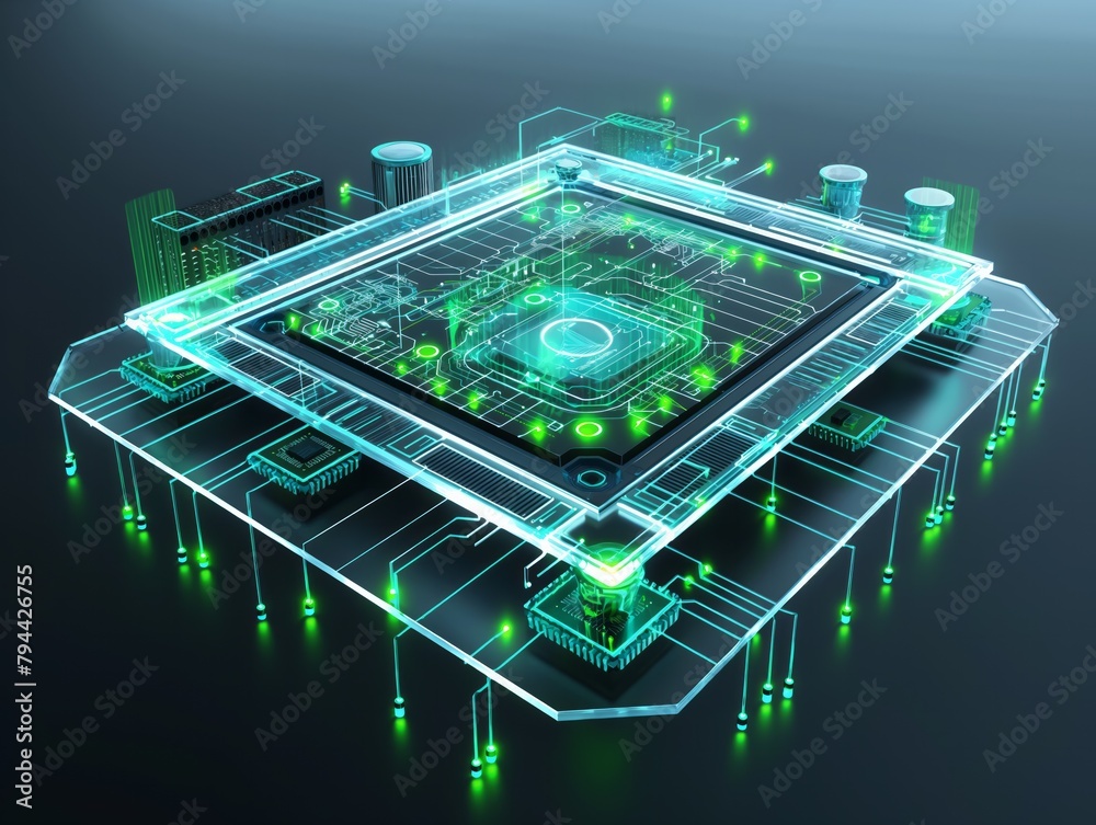 A computer chip is shown in a green and blue color scheme. The chip is ...