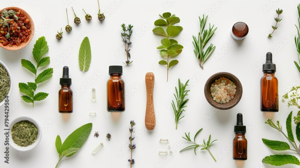 Homeopathy essentials, including glass vials of herbal extracts ...