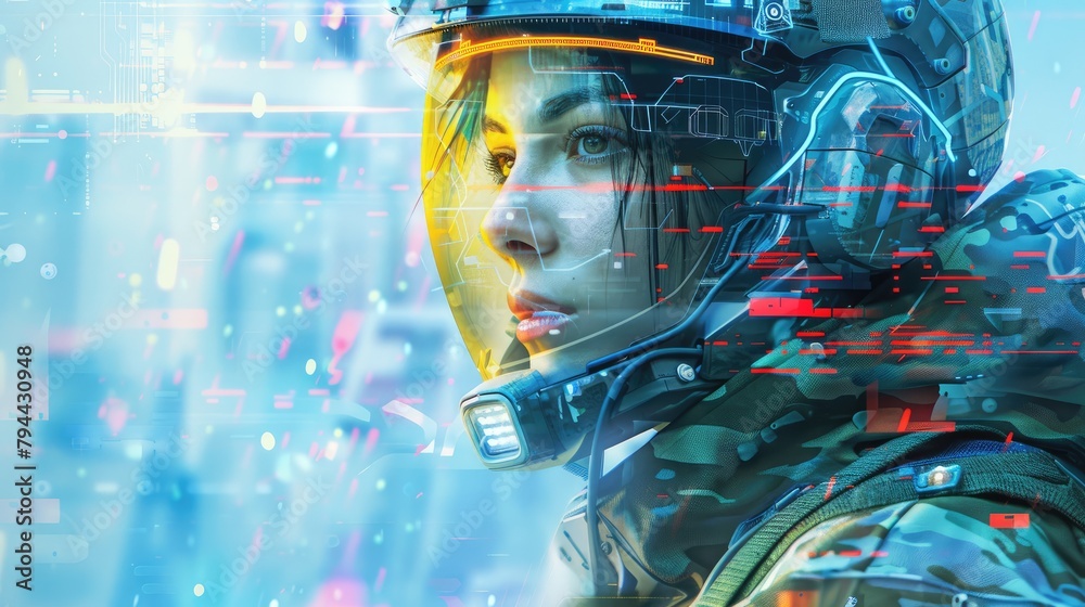 Poster on a clean futuristic background female cyborg in camouflage ...
