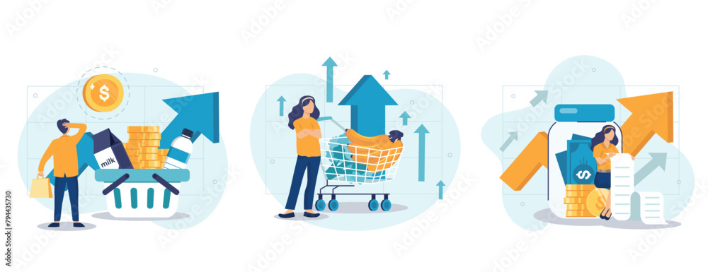 Inflation illustration set. Characters buying food in supermarket and ...