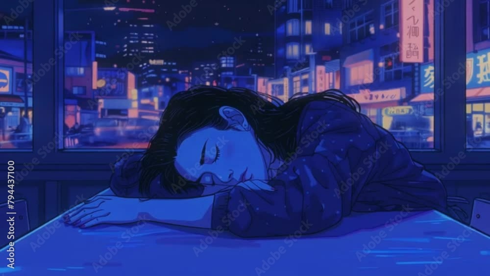 A Girl Falling Sleep On The Table With Night City Vibe Lofi Background ...