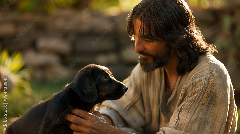 Jesus acariciando e brincando com um filhote de bassê preto, amor ...