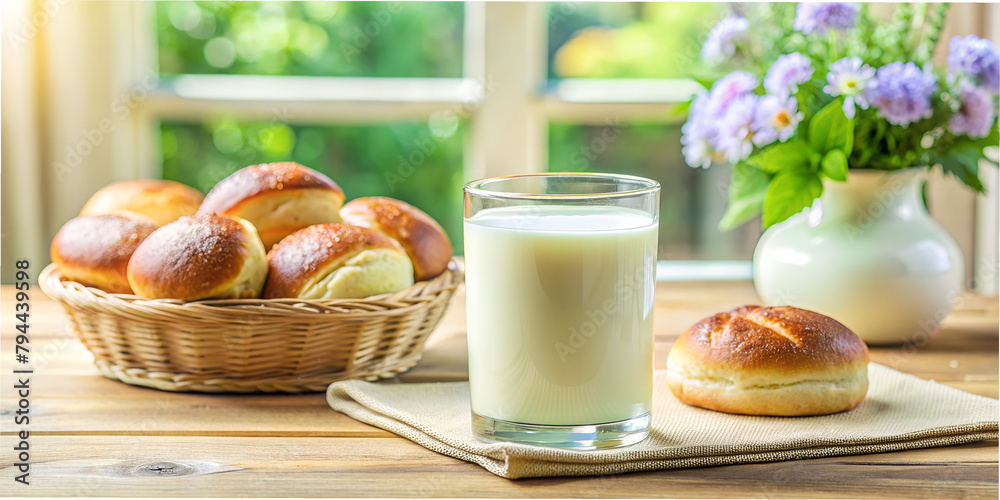 A glass of milk is on the table in the kitchen, and pastries, buns ...
