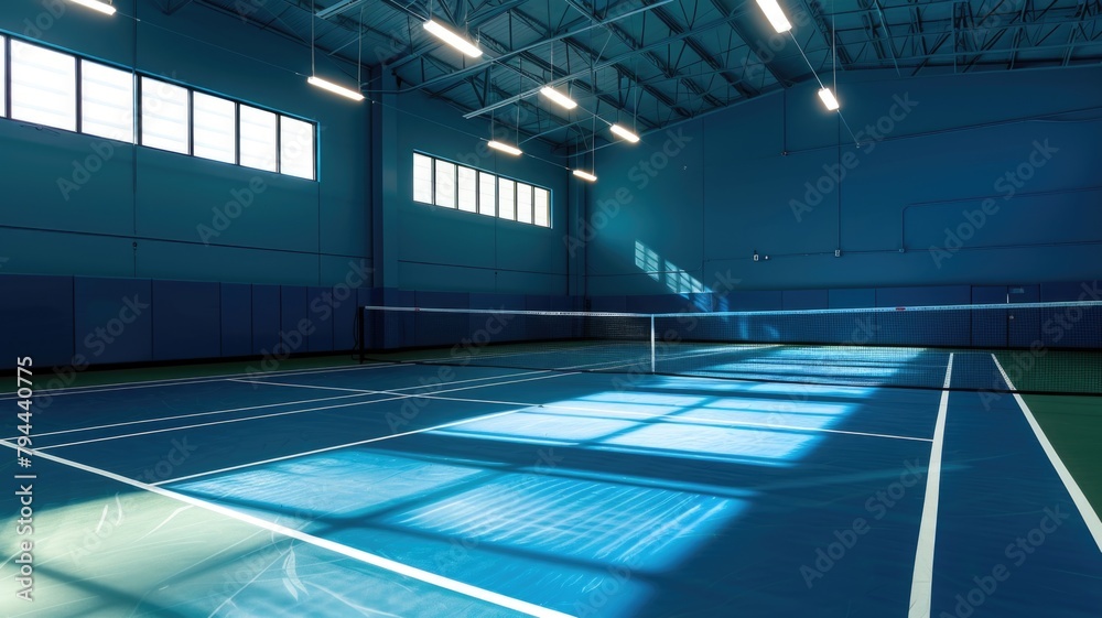 professional badminton court dominates the frame, with high ceilings ...