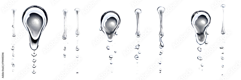 Set of mercury liquid splashes, swirls and waves splashing with ...