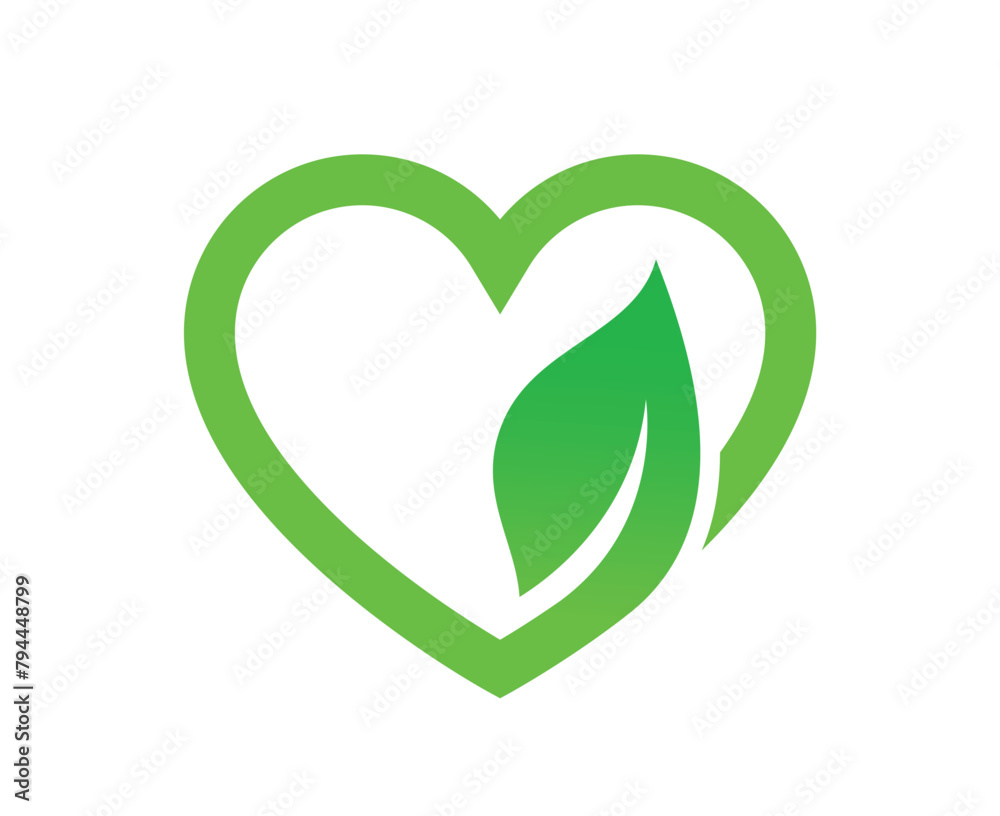 beautiful green love heart shape with leaf environment symbol logo ...