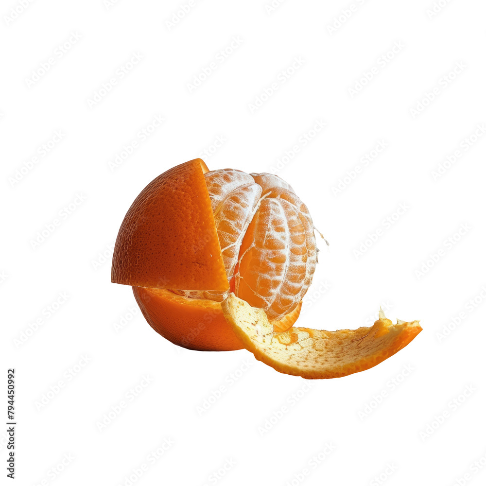 An image of a vibrant orange half peeled and its peel gracefully ...