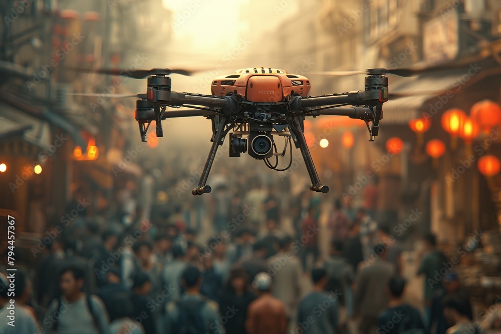 Drone hovers over city crowd with machine gun, soldier ready to shoot ...