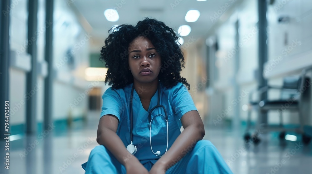 sad and tired depressed female african american nurse sits on hospital ...