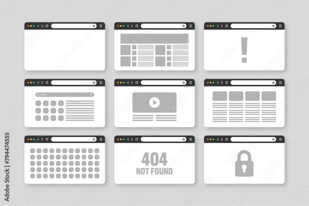 Web browser window, pages layout with toolbar and search field. Modern website, internet page in ...