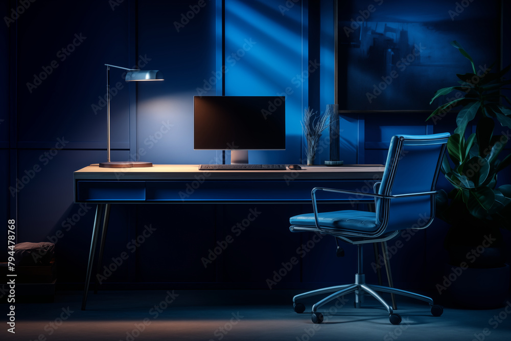 dark blue office interior with table, chair and desk, lamp, plants, open laptop, and design ...