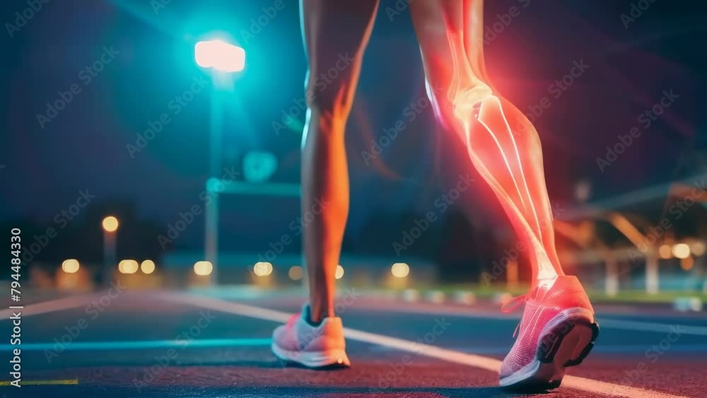 Runner's legs in motion with visualized knee joint, muscle anatomy ...
