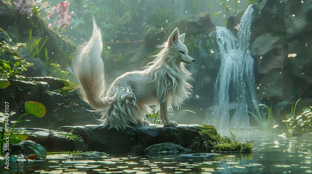 The goddess White Fox Fairy is on the river of Wonderland. Fox with ...