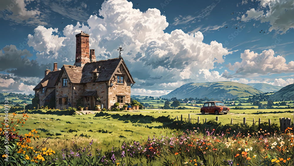 traditional English or French country home medieval building in grassy ...