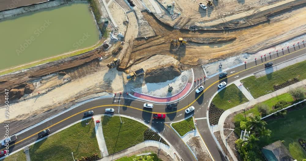 Industrial roadworks. Roundabout on wide American highway under ...