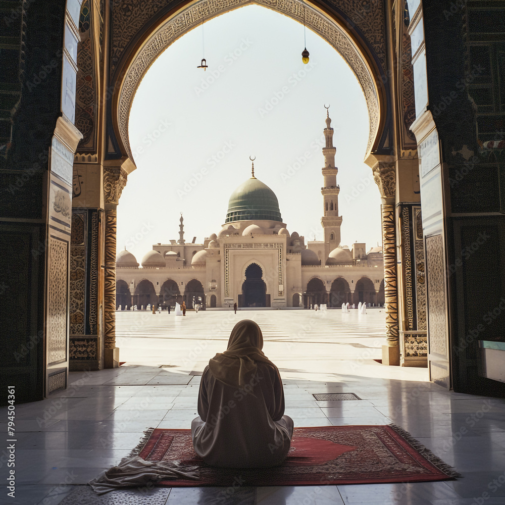 Muslim praying to Allah in front of Islam Iconic Mosque, Al Haram ...