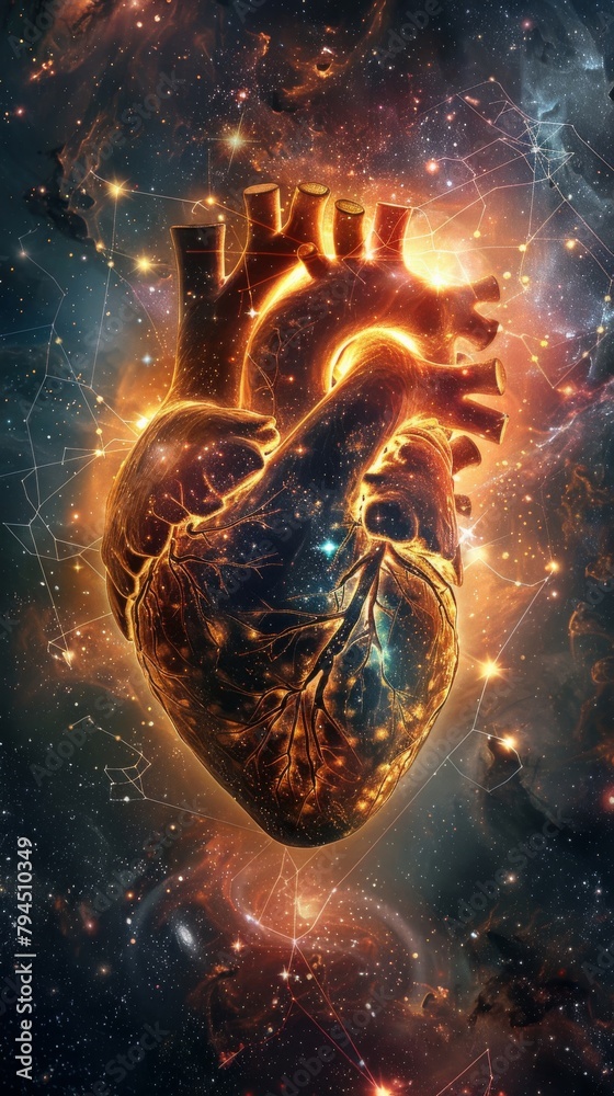Realistic depiction of a beating heart with electrical impulses ...