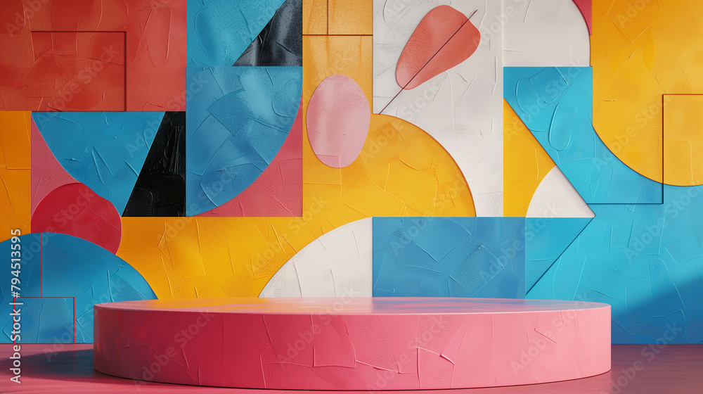 Vivid Geometric Shapes on Wall with Pink Circular Platform - Bold and ...