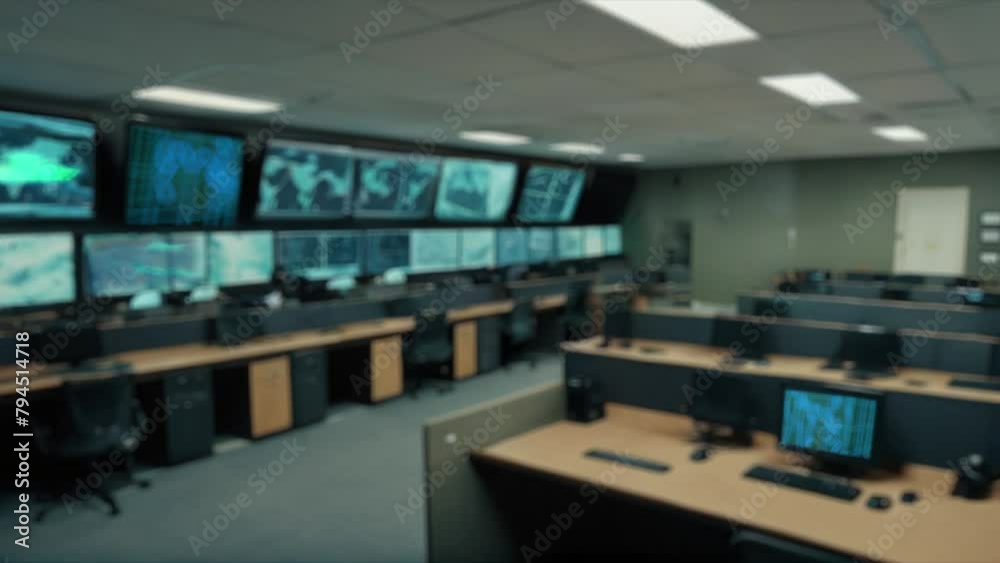 blur background of the army call center with many monitors in room ...