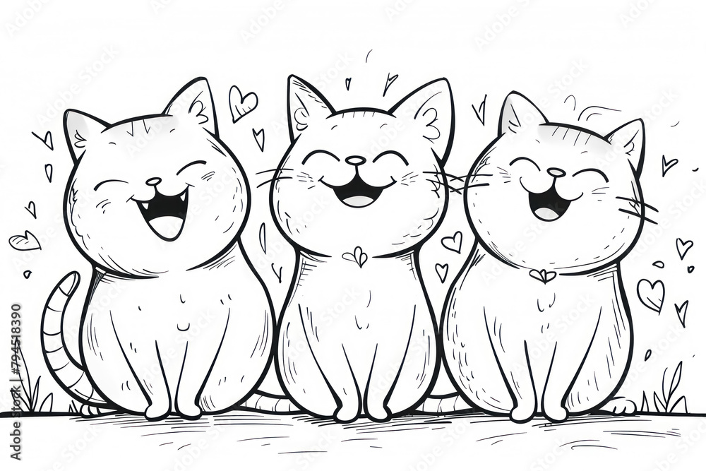 joyful trio of cartoon cats coloring page with hearts for kids Stock ...