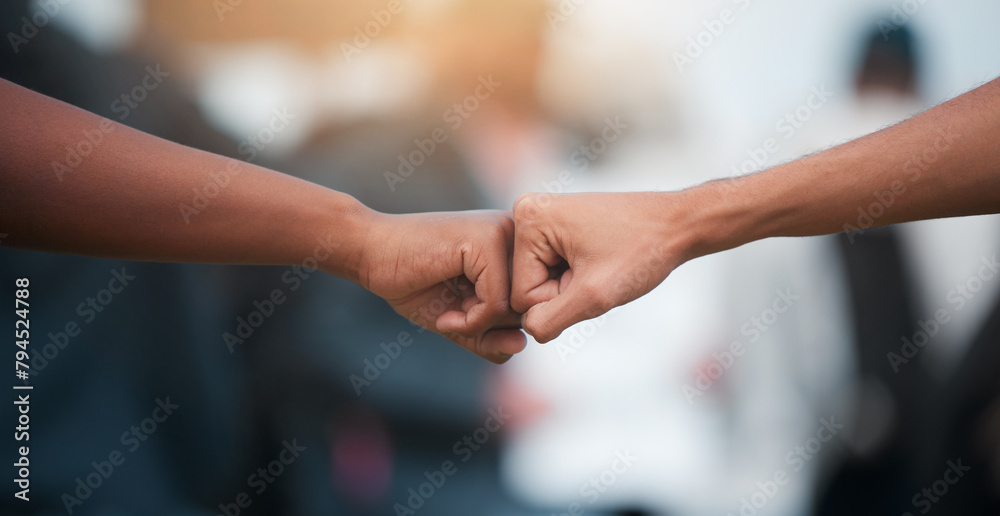 Hands, people and first bump for teamwork with motivation for success ...