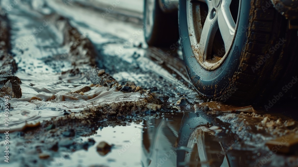 Close up of car wheel on a road in very bad condition with big potholes ...