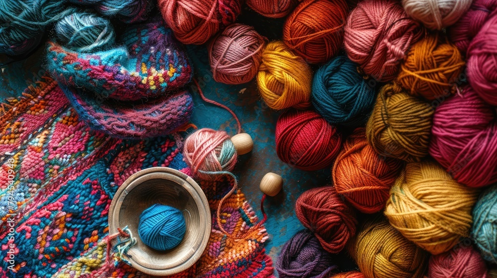Colorful and cozy wool yarns lay spread out on the table inviting you ...